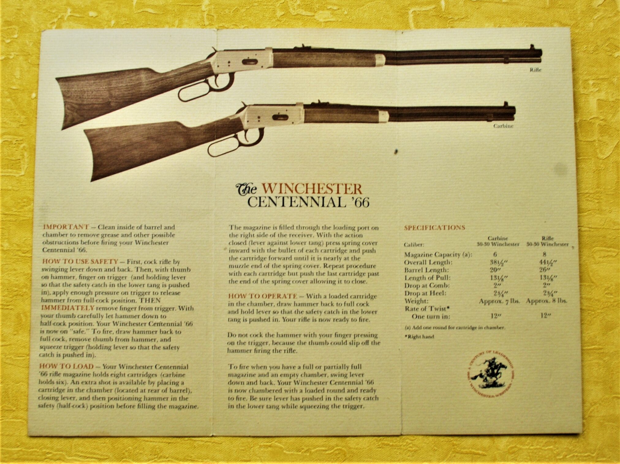 WINCHESTER .30-30 LTD. ED. CENTENNIAL 66 CARBINE U/L RIFLE. - Emma ...